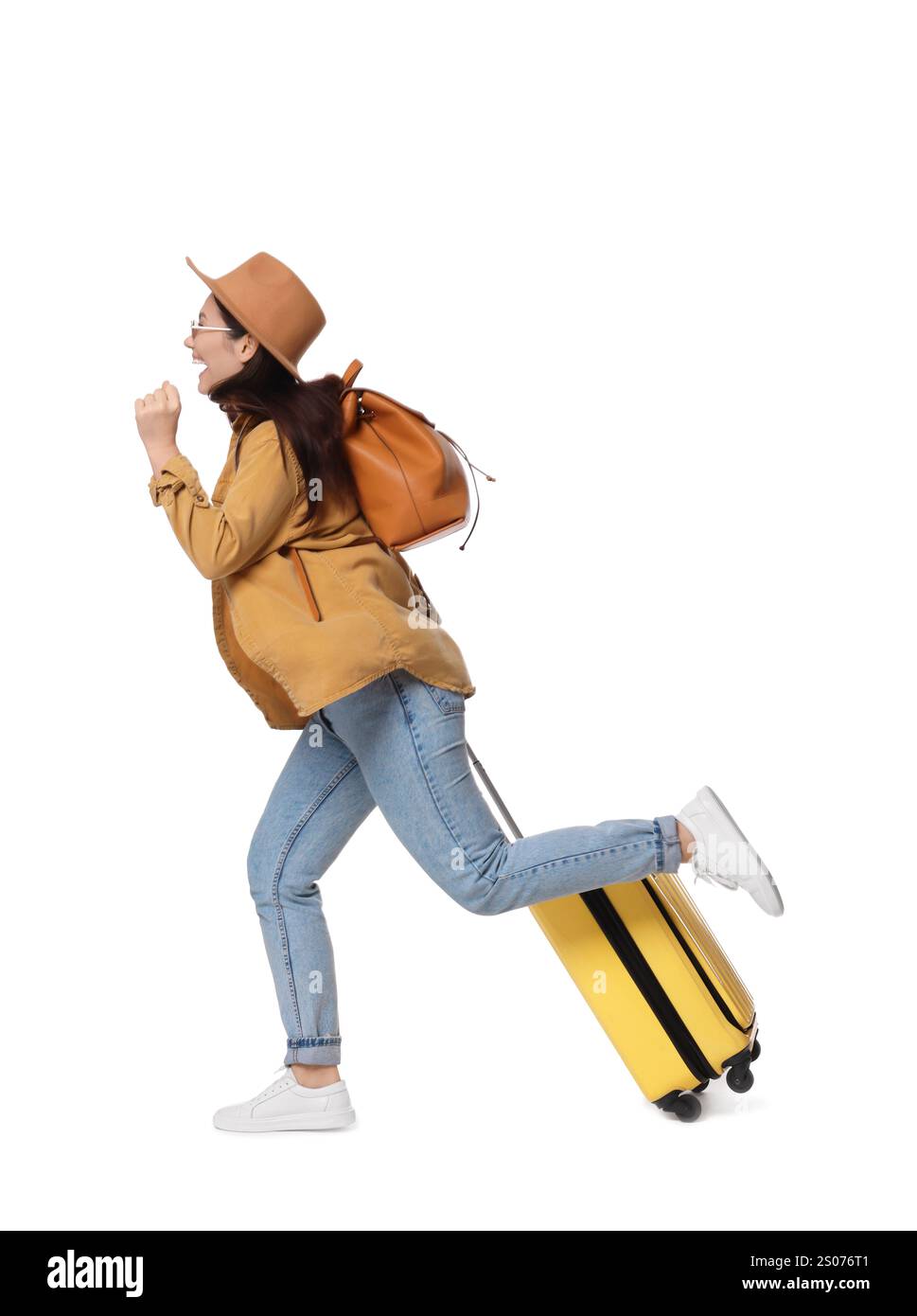 Traveller with suitcase running on white background Stock Photo - Alamy