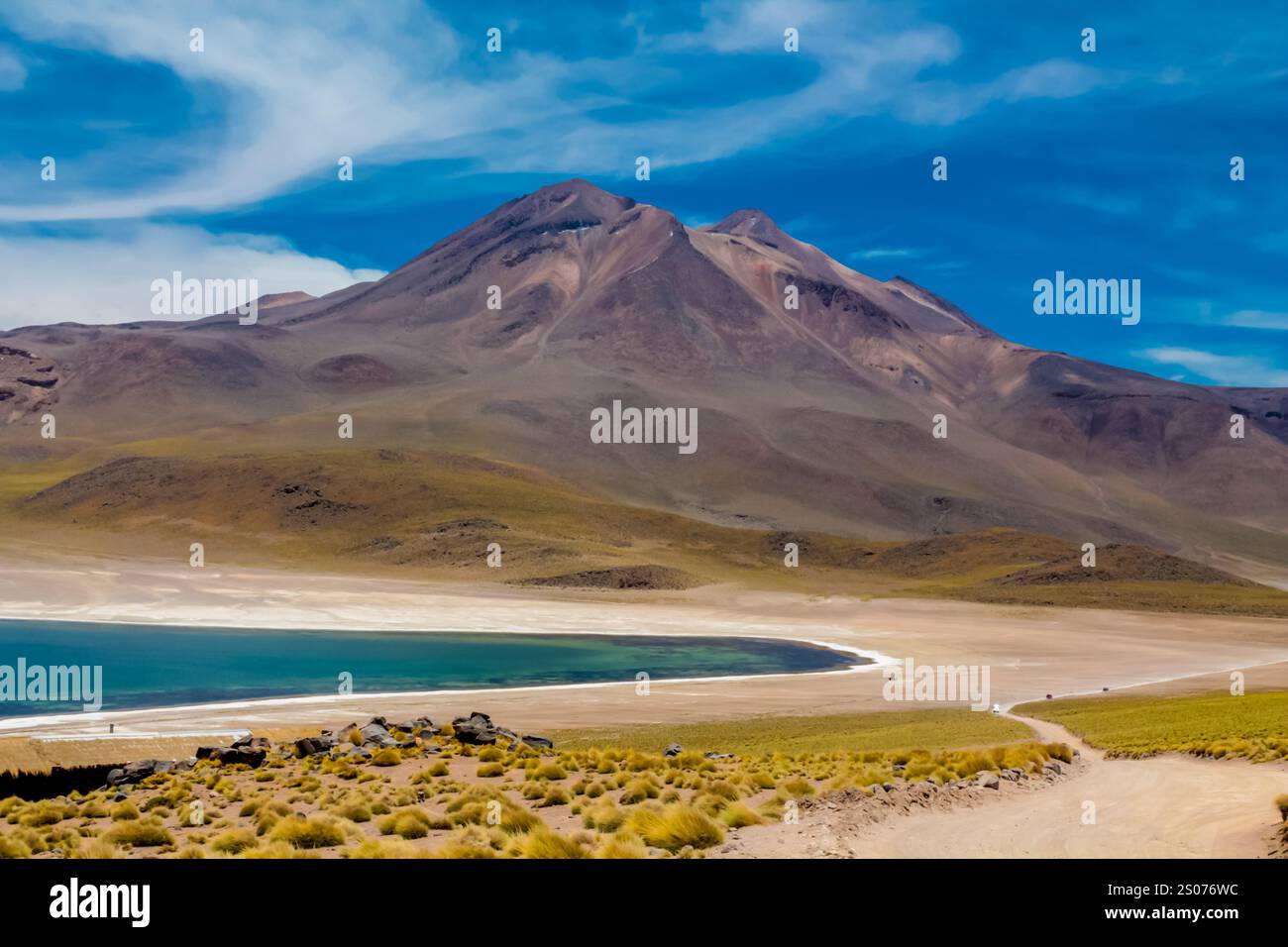 Lakes in the desert Atacama landscape in Chile. The view point to the ...