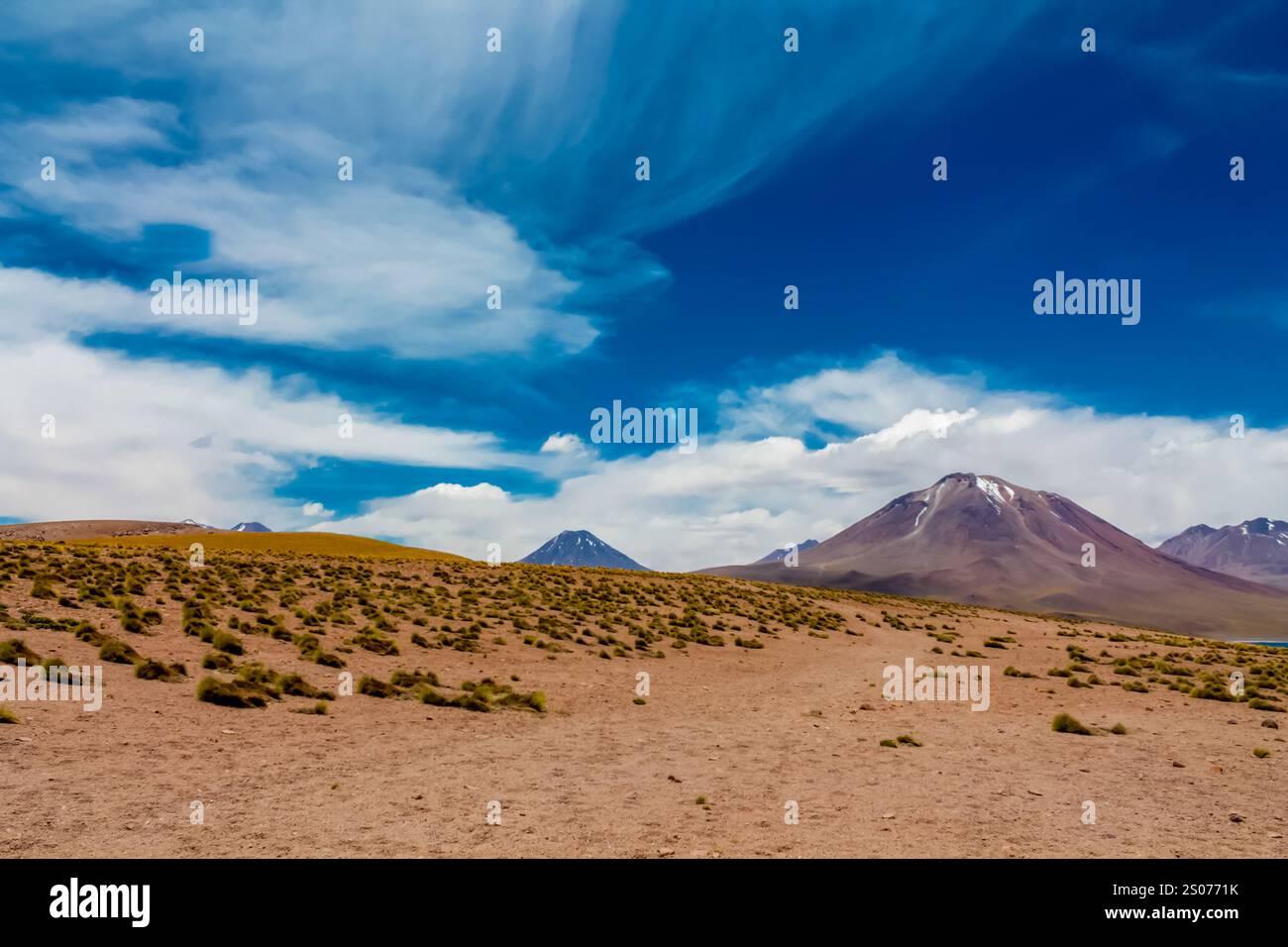 Lakes in the desert Atacama landscape in Chile. The view point to the ...