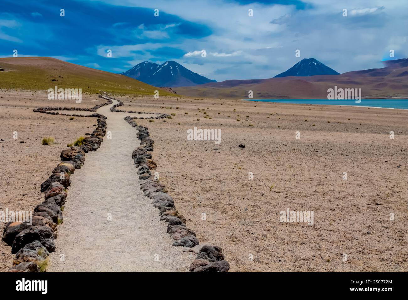 Lakes in the desert Atacama landscape in Chile. The view point to the ...