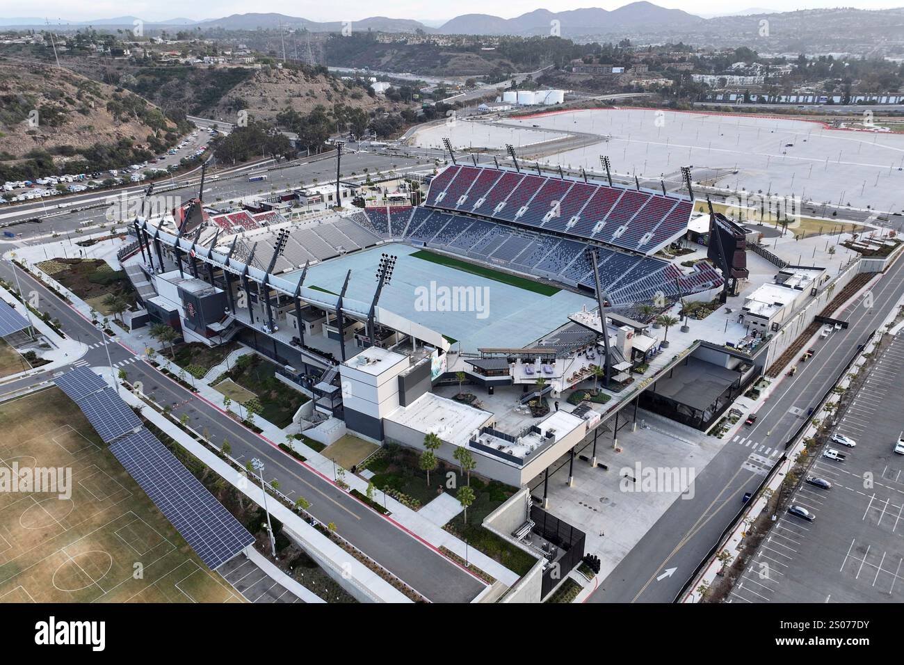 A general overall aerial view of Snapdragon Stadium, Saturday, Dec. 14, 2024, in San Diego ...