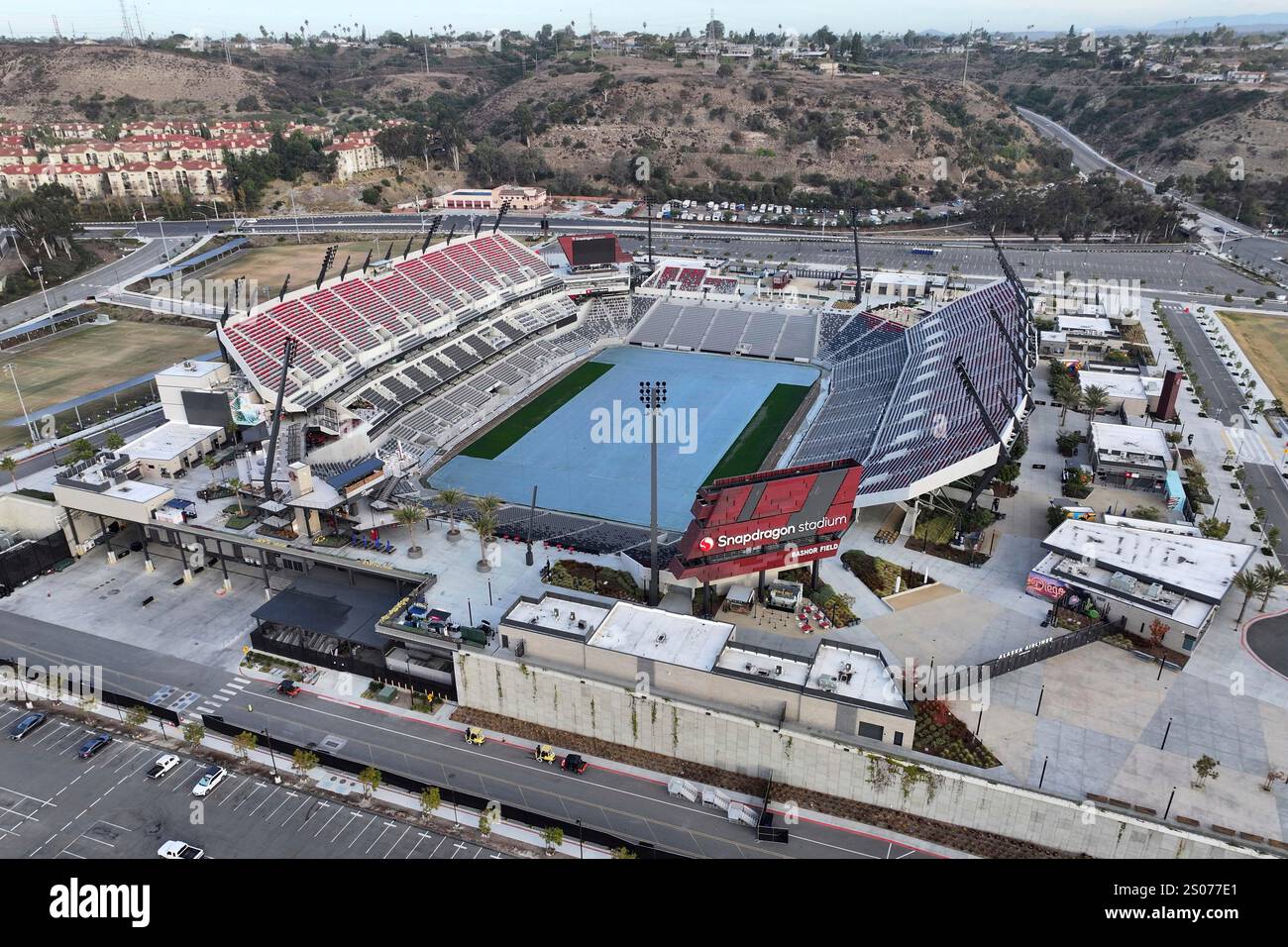 A general overall aerial view of Snapdragon Stadium, Saturday, Dec. 14, 2024, in San Diego ...