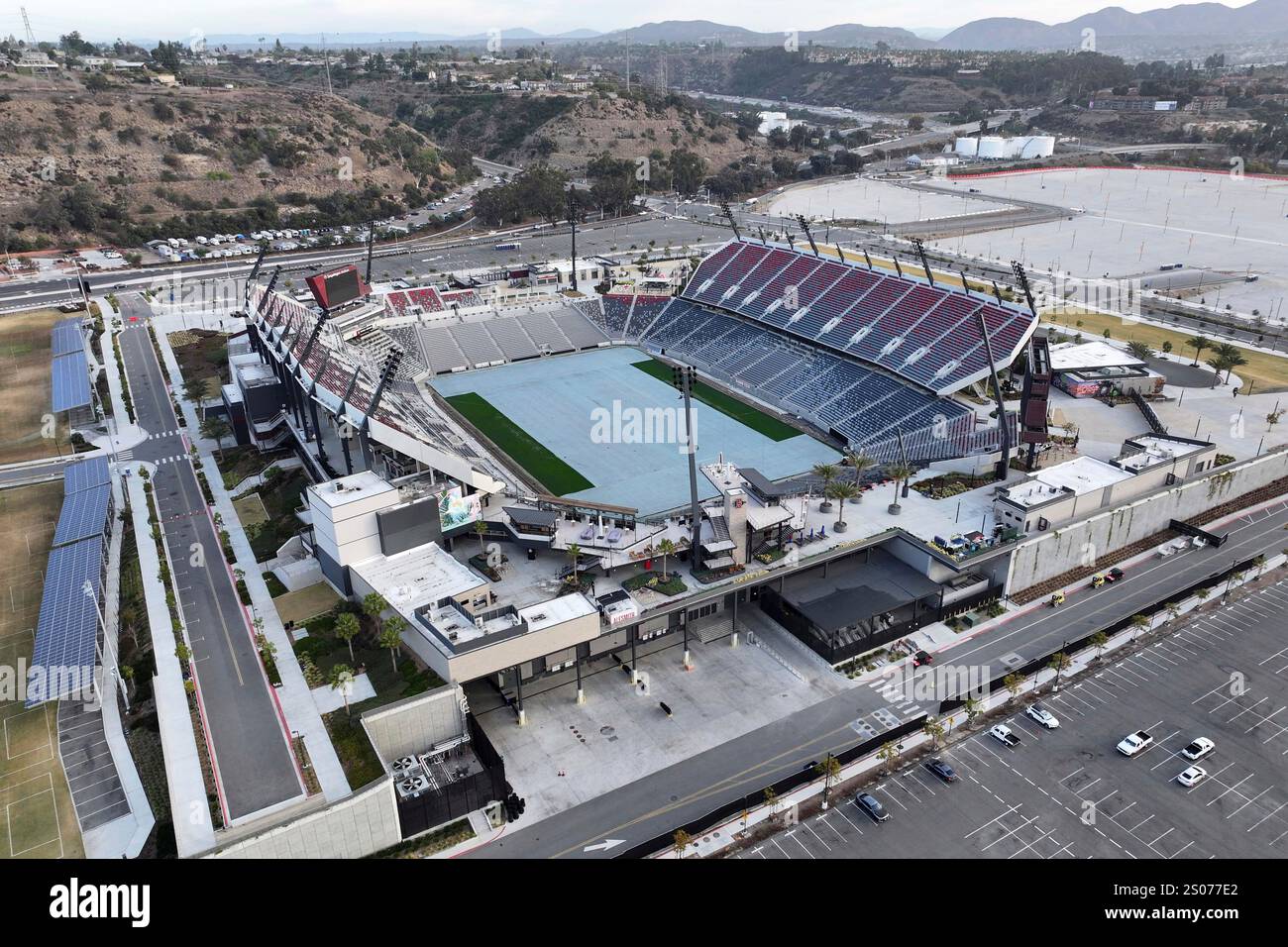 A general overall aerial view of Snapdragon Stadium, Saturday, Dec. 14, 2024, in San Diego ...