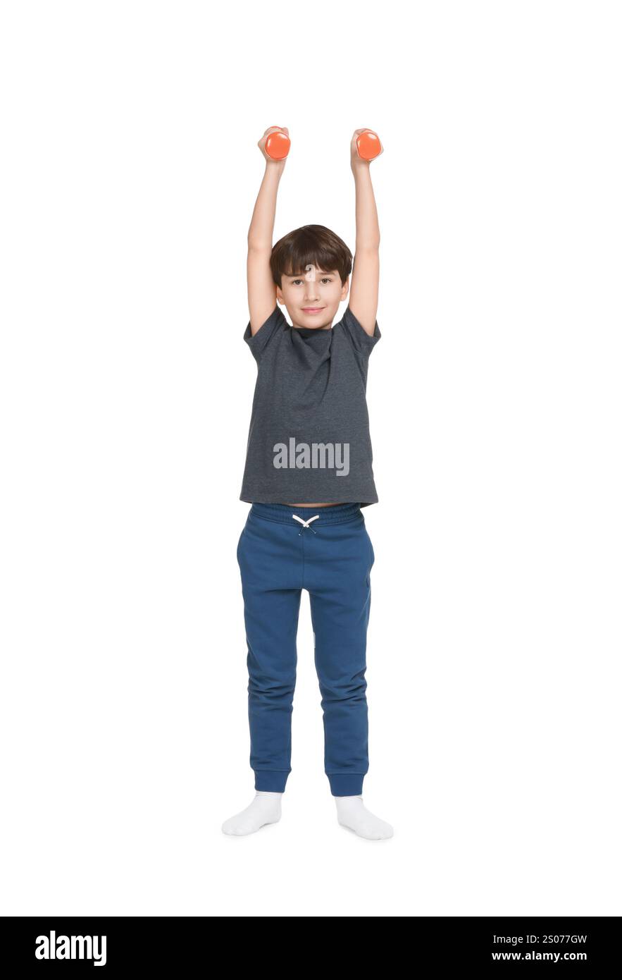 Boy doing exercise with dumbbells on white background. Sport activity ...