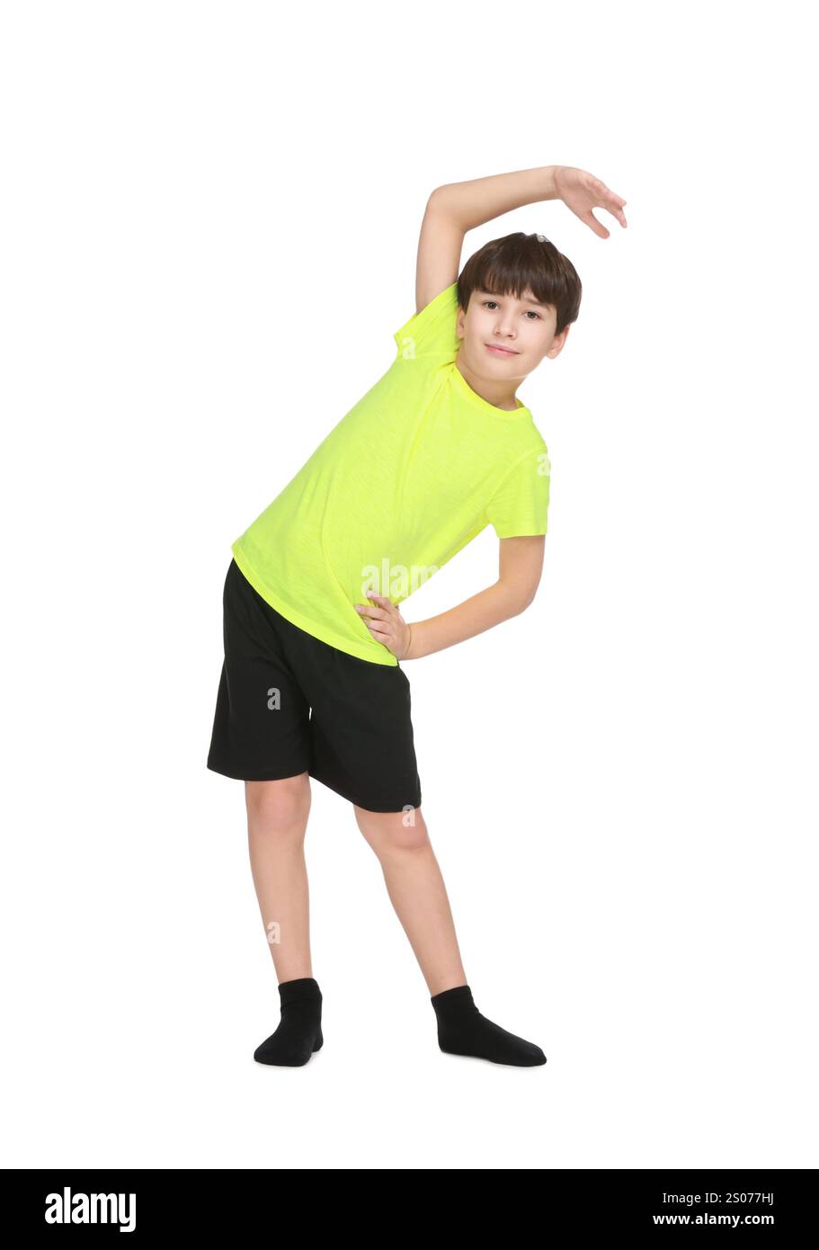 Boy doing exercise on white background. Sport activity Stock Photo - Alamy