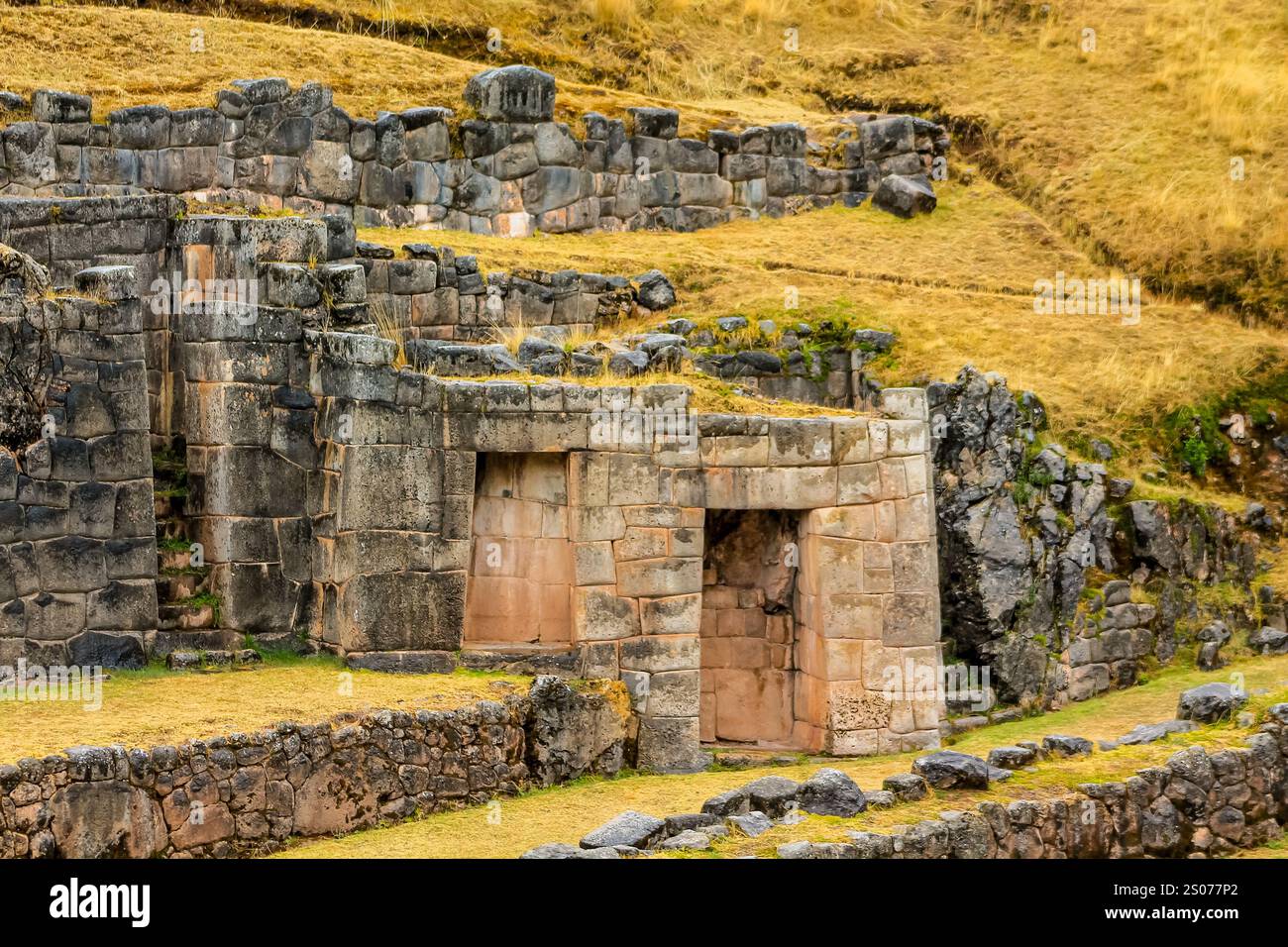 Peru ancient sacred ruins of fortress and terraces of Inca empire ...