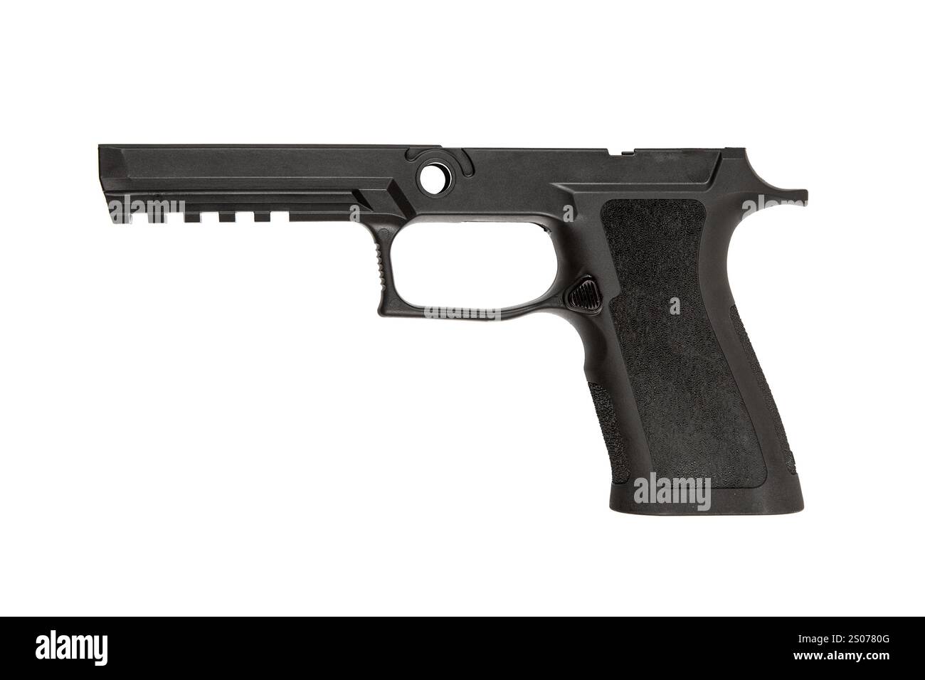 Black polymer pistol frame, isolated on white background, modern ...
