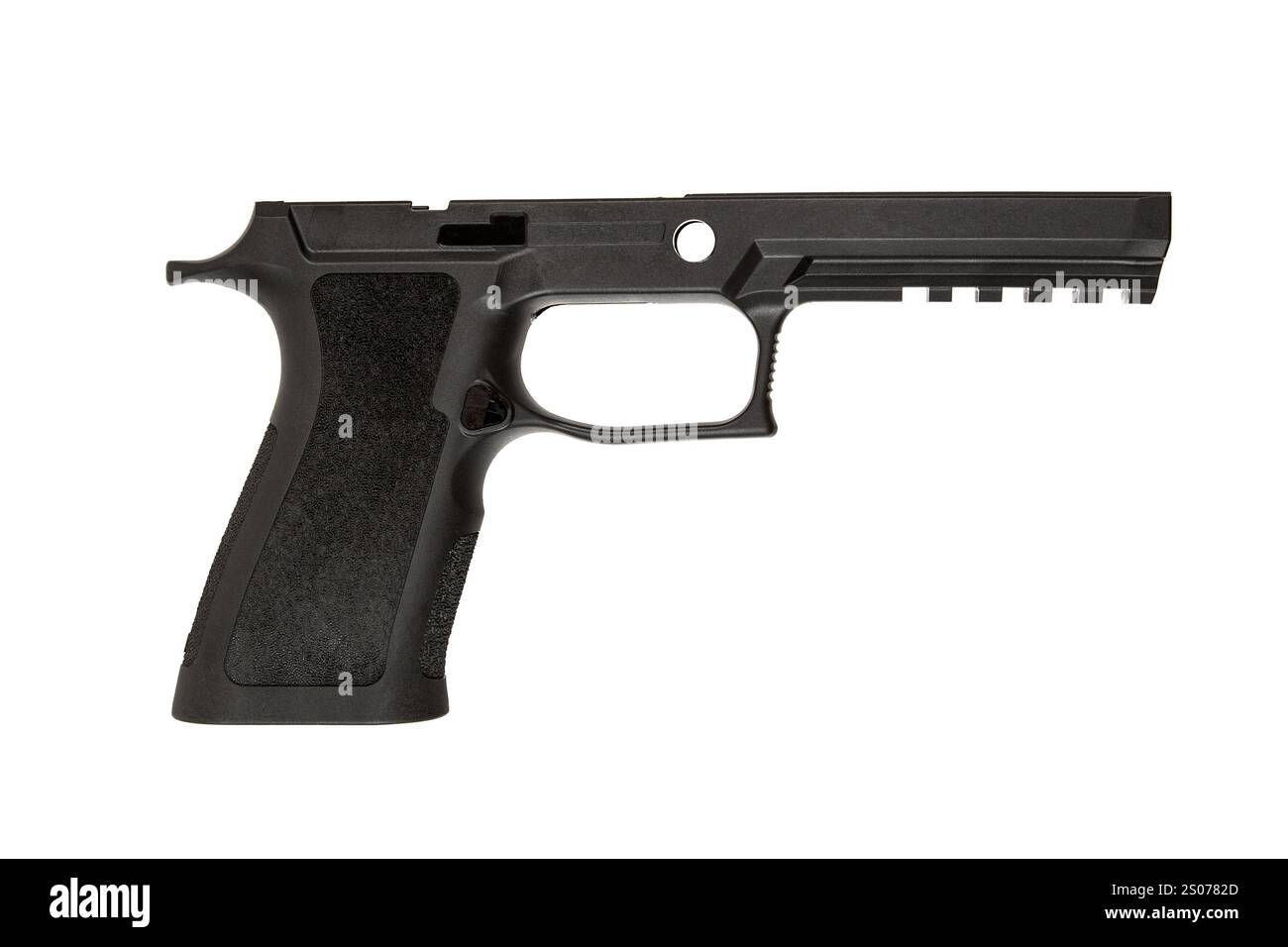 Black polymer pistol frame, isolated on white background, modern ...