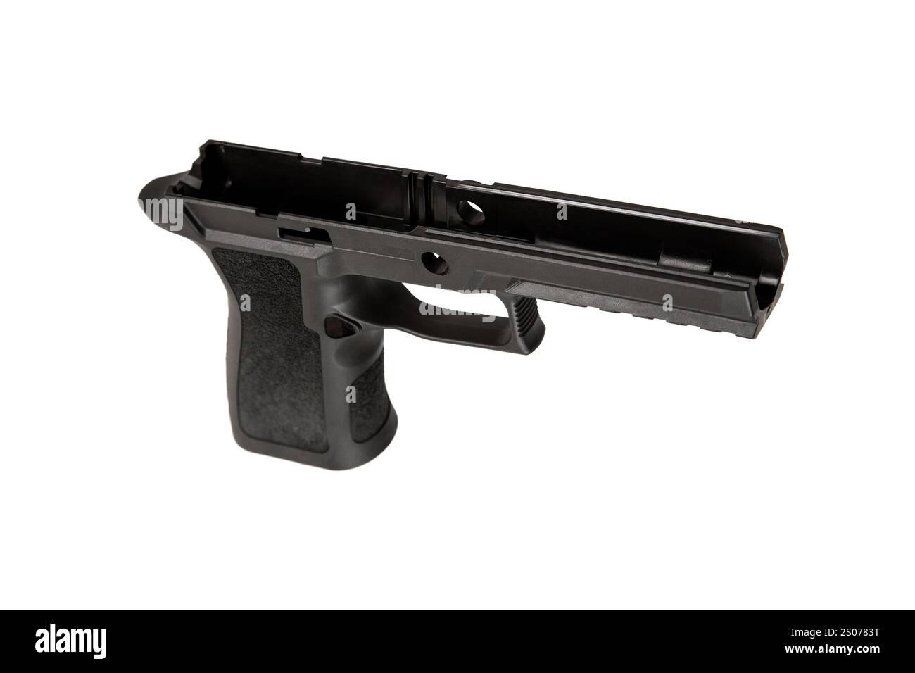 Black polymer pistol frame, isolated on white background, modern ...