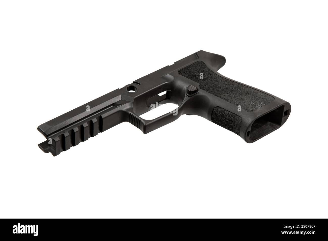 Black polymer pistol frame, isolated on white background, modern ...