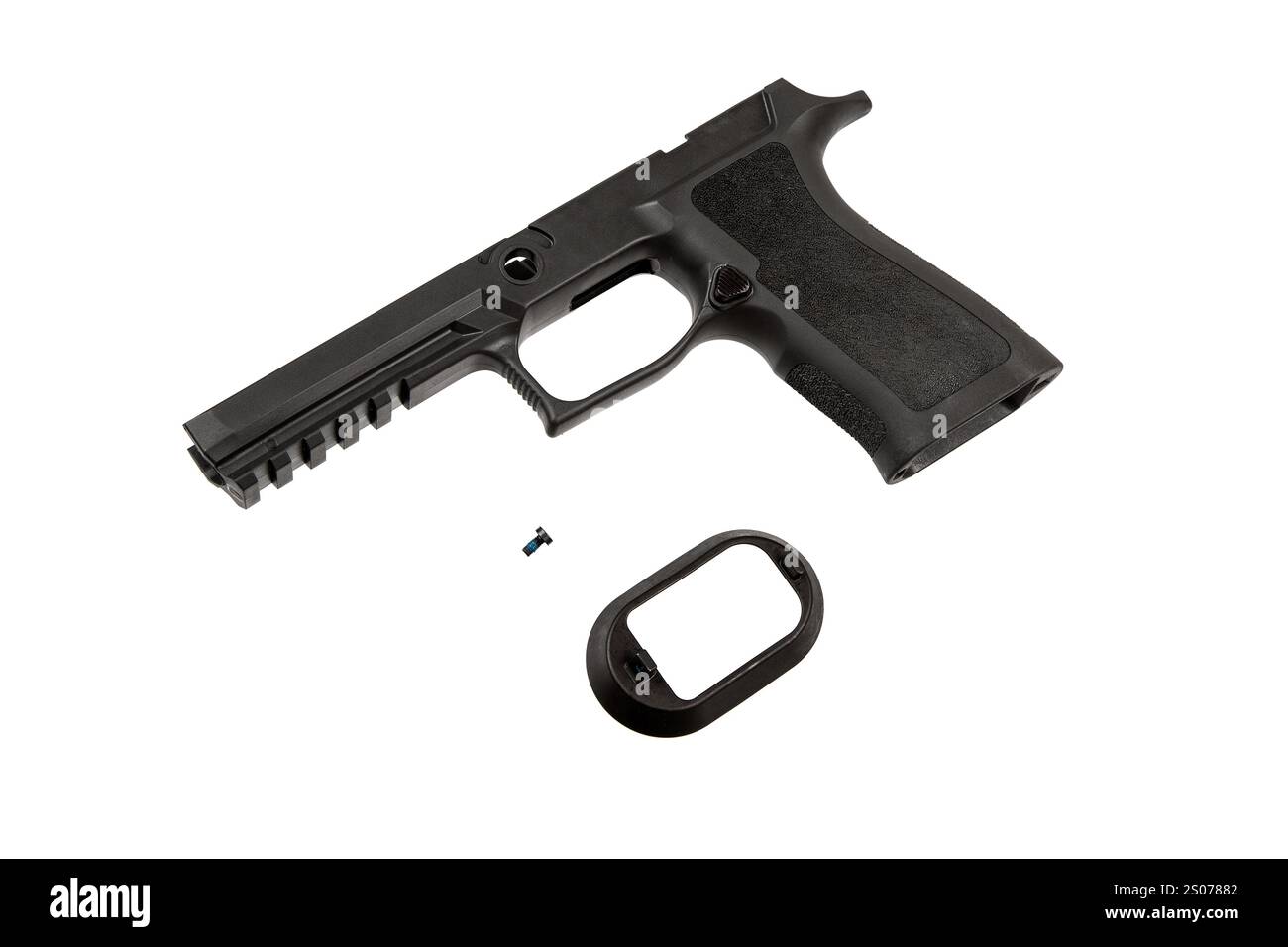 Black polymer pistol frame, isolated on white background, modern ...