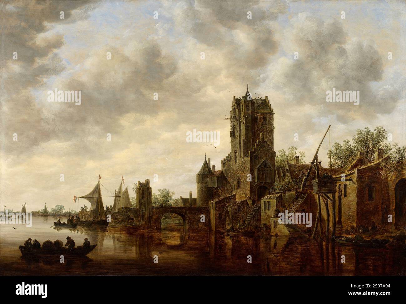 Oil on panel painting of River Landscape with the Pellecussen Gate near ...