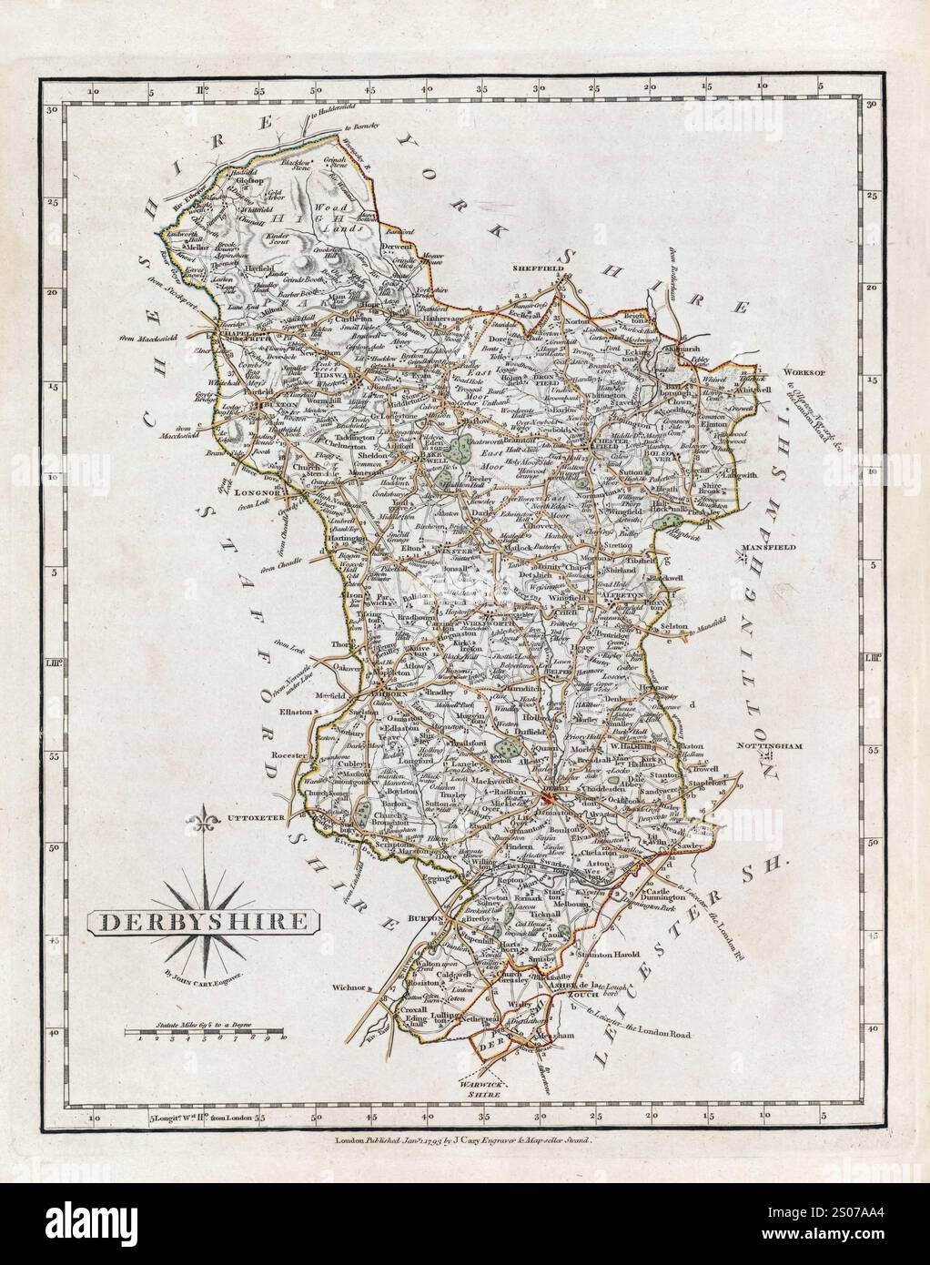 An 18th century vintage map depicts the English county of Derbyshire ...