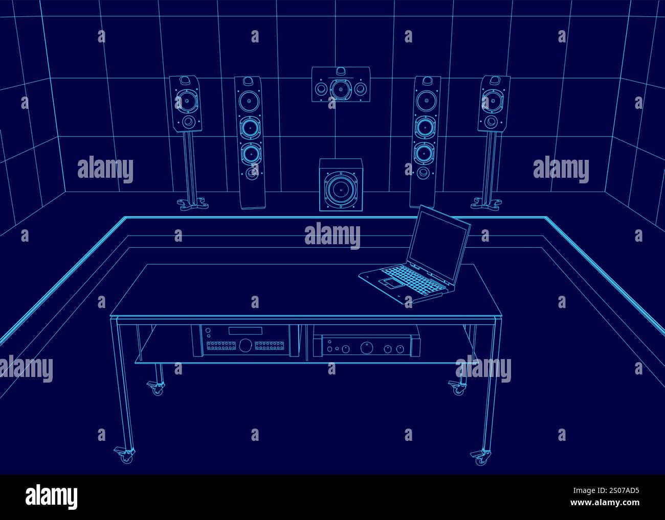 Blue room with a laptop on a desk. The room is designed for music and ...