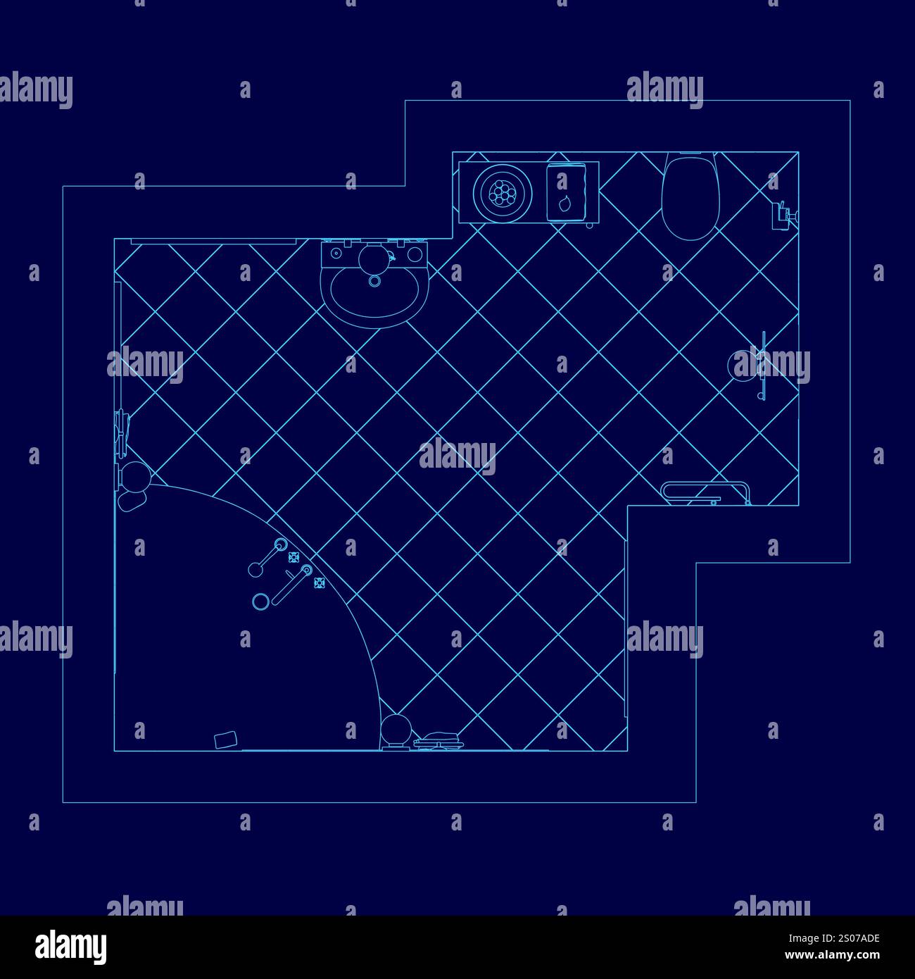 Blue drawing of a bathroom with a toilet and sink. The drawing is in ...