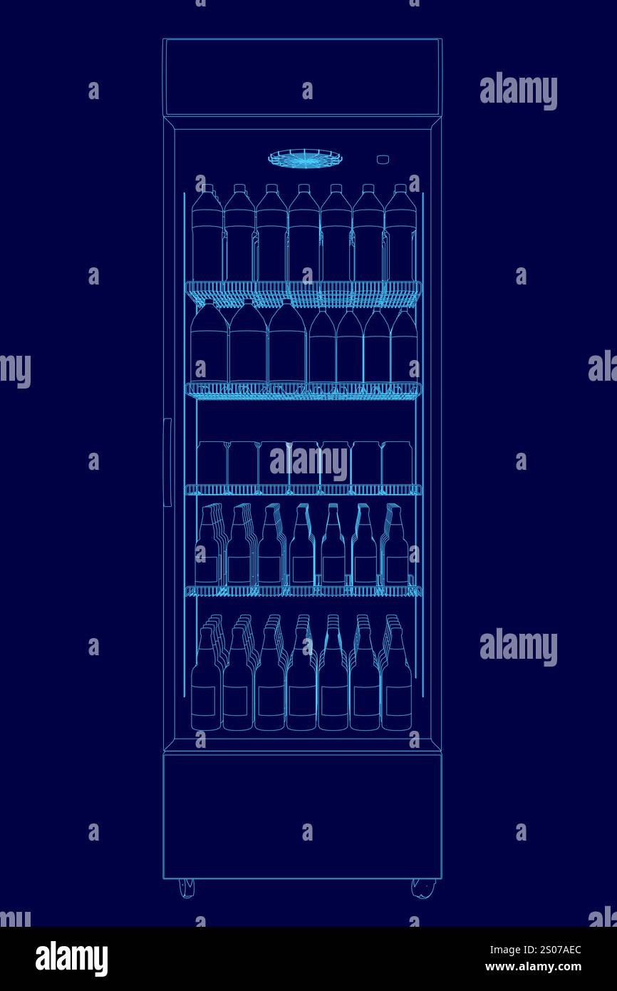 Blue refrigerator with a blue background. The refrigerator is full of ...