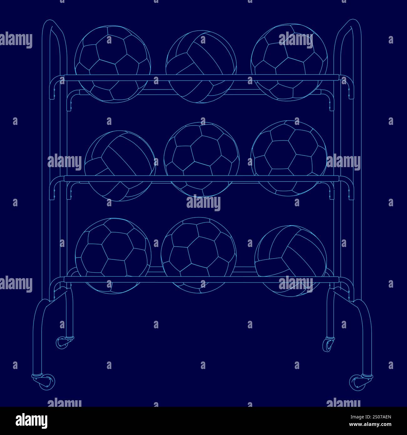 Blue drawing of a rack of soccer balls. The balls are arranged in three ...
