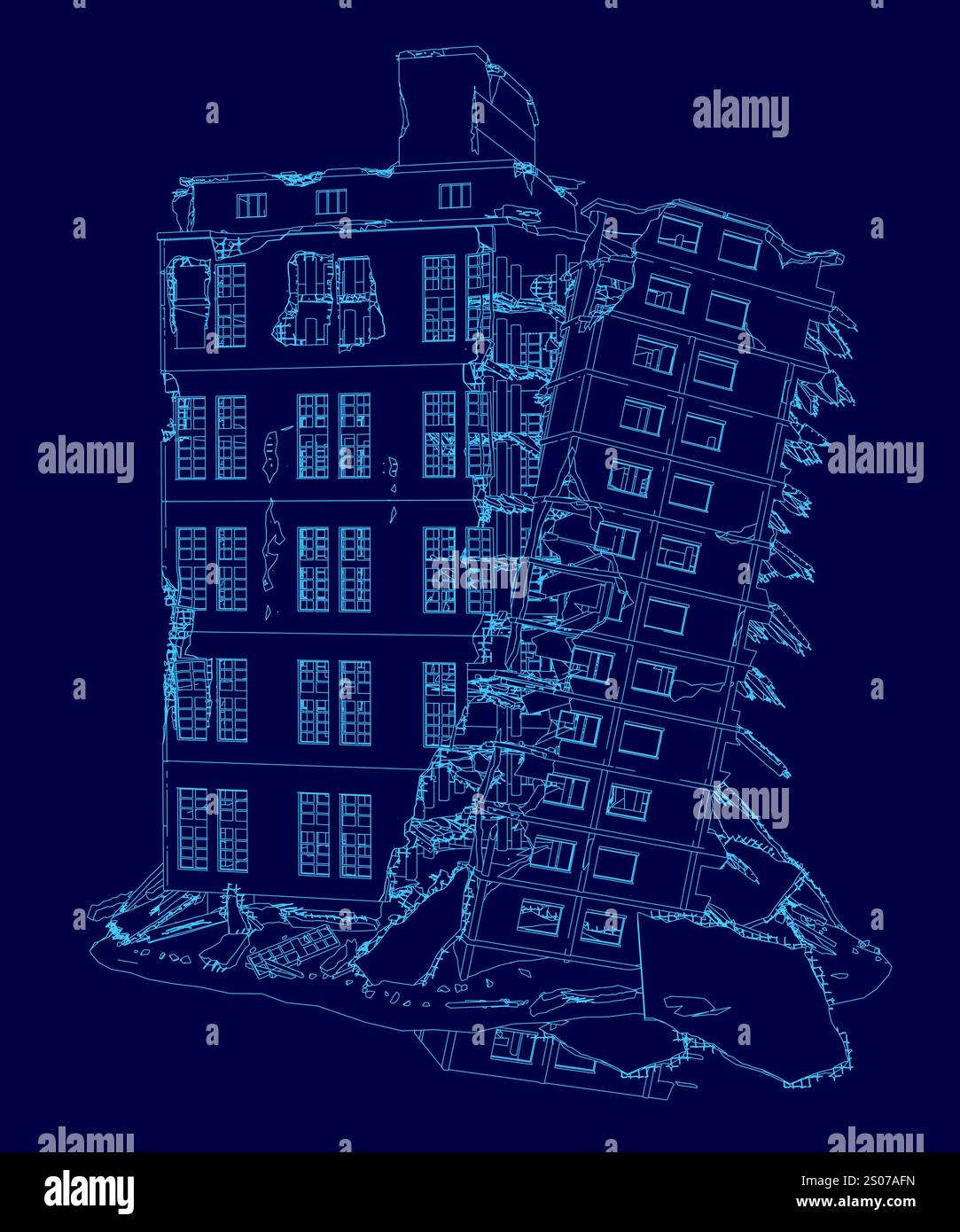 Blue drawing of a building with a collapsed section. The drawing is in ...