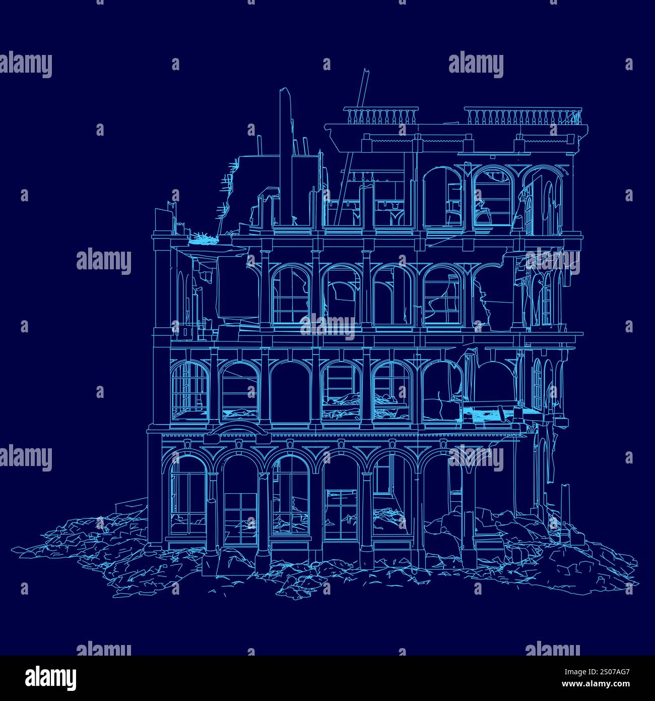 Blue drawing of a building with a lot of windows. The building appears ...