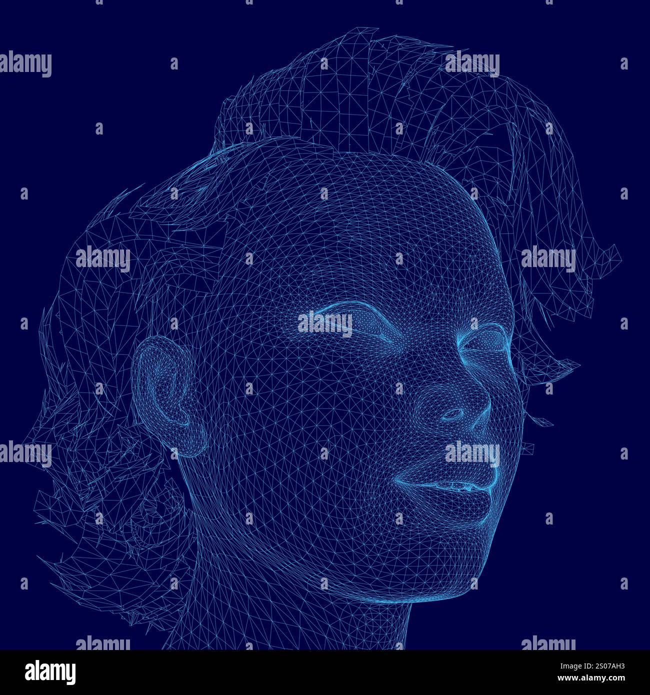 Woman's face is shown in a blue color. The face is made up of many ...