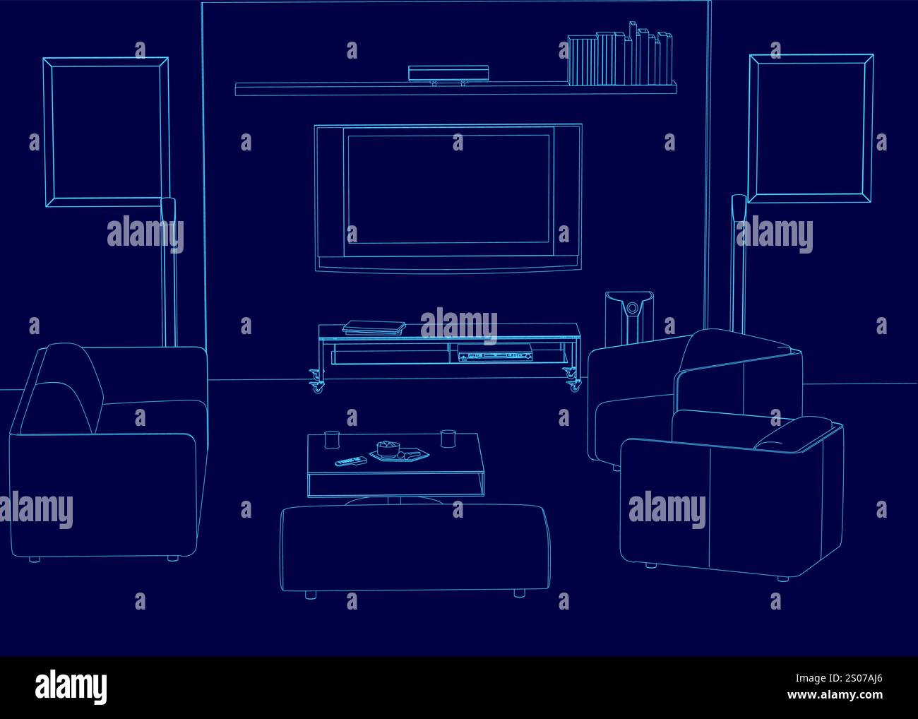 Blue drawing of a living room with a television, a coffee table, and ...