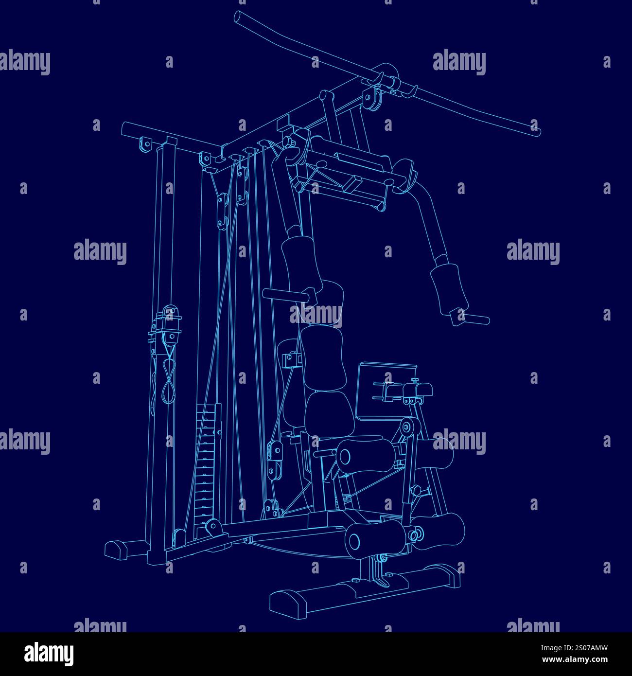 Blue drawing of a gym equipment. The drawing is of a machine that has a ...