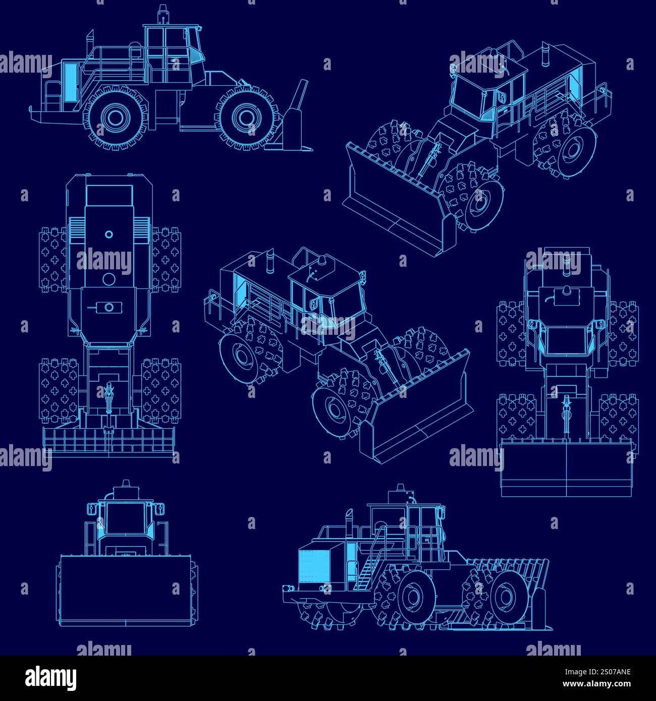 Blue drawing of a tractor with a large plow. The tractor is shown from ...