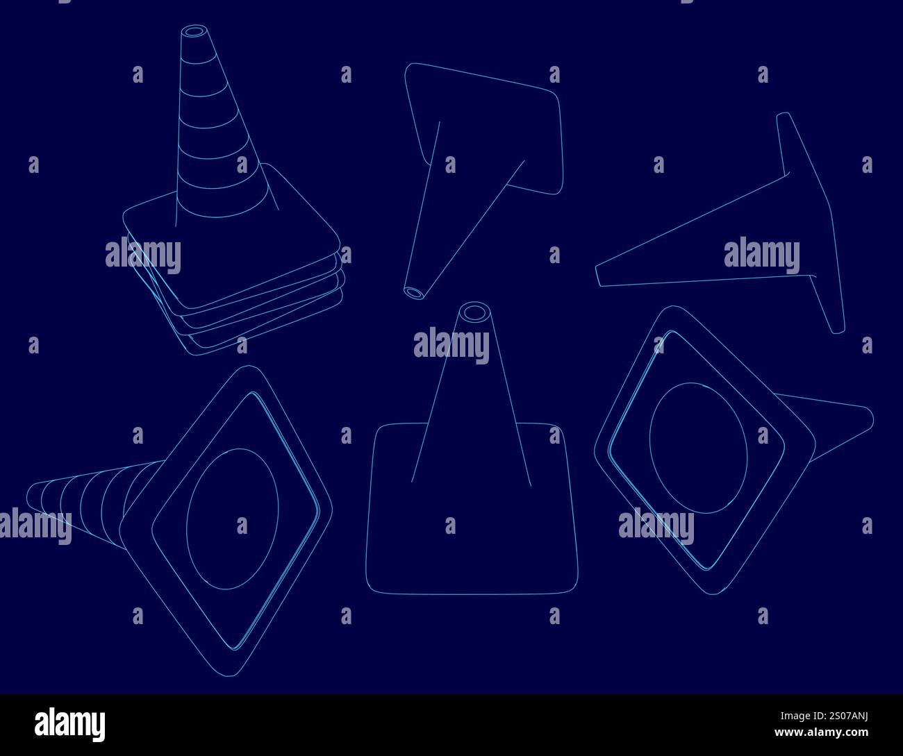Series of blue drawings of traffic cones. The cones are all different ...