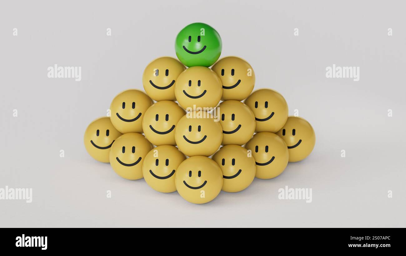 GREEN leader of business pyramid.Wood cube with smile face. Facial ...