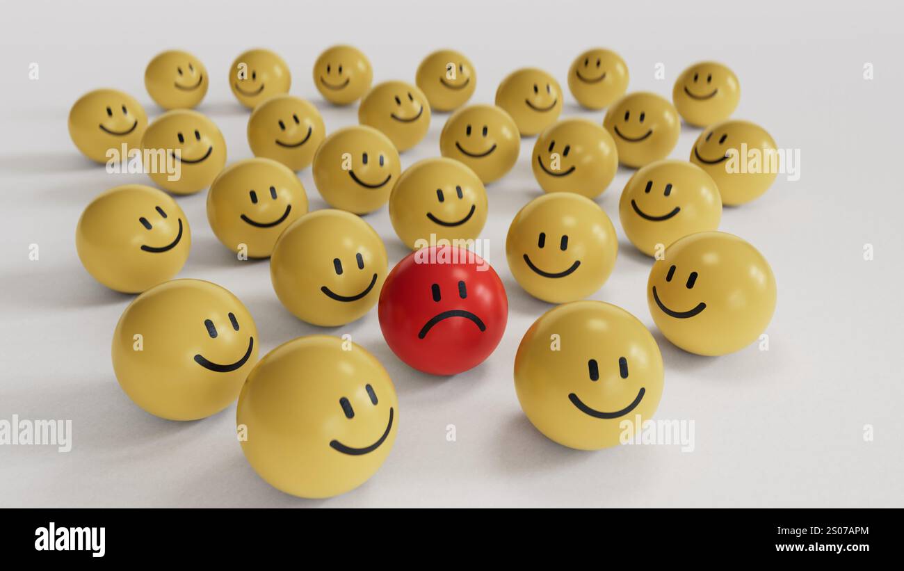 Sad RED face in a group of smileys.Wood cube with smile, normal and sad ...