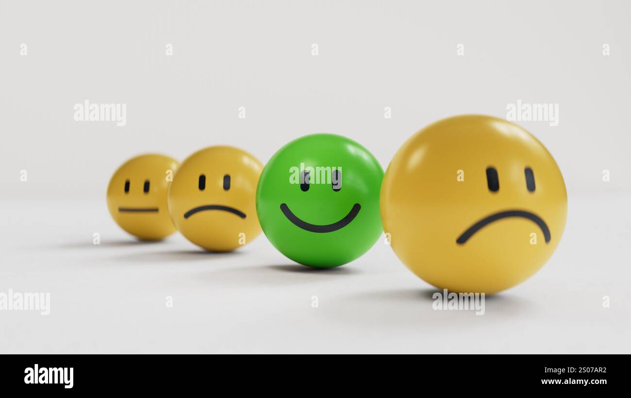 Small balls showing different types of emotions.Wood cube with smile ...