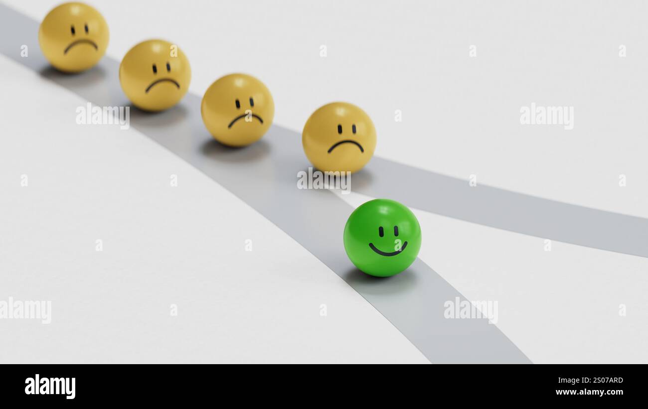 GREEN leader in business way.Wood cube with smile, normal and sad face ...