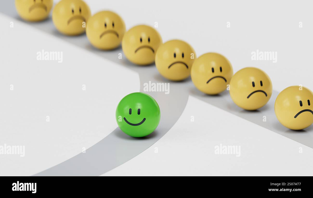 GREEN leader in business way.Wood cube with smile, normal and sad face ...