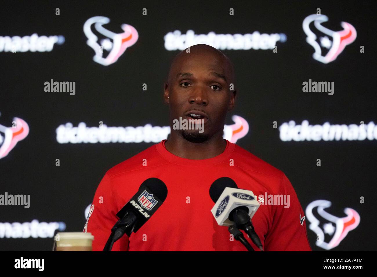 Houston Texans head coach DeMeco Ryans speaks during a news conference ...