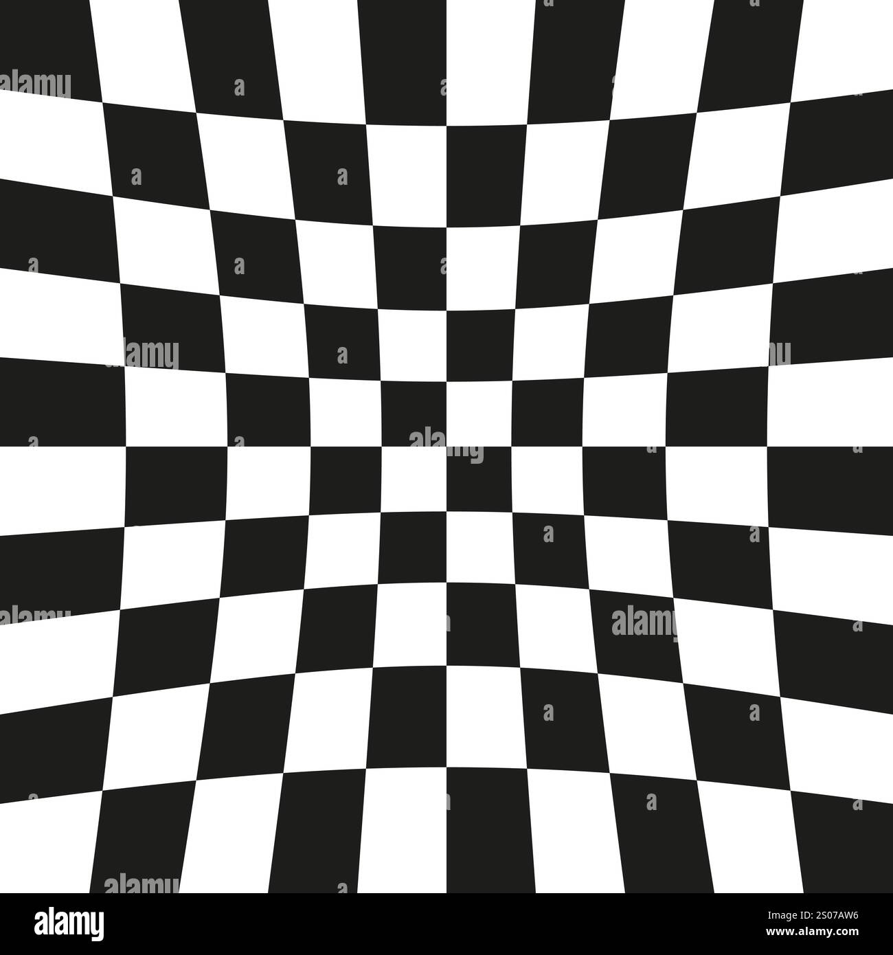 Warped chessboard pattern. Optical illusion design. Curved grid shape. Black and white vector ...