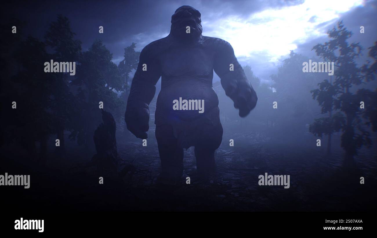 Big ugly scary troll, goblin walk in night fog forest. Horror mistyc concept. 3d rendering Stock ...