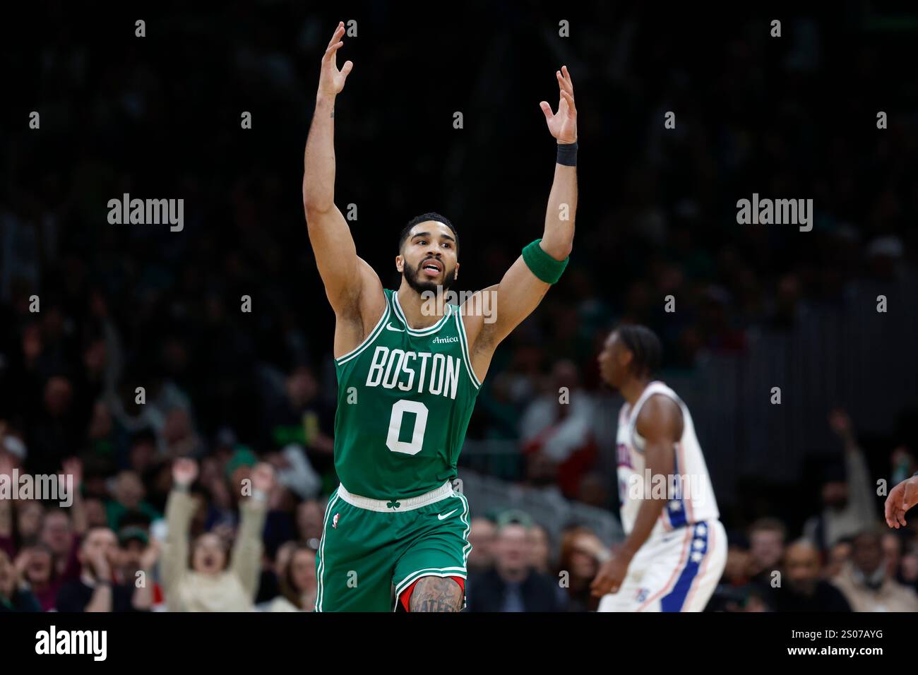 Boston Celtics' Jayson Tatum (0) celebrates his 3-pointer during the ...