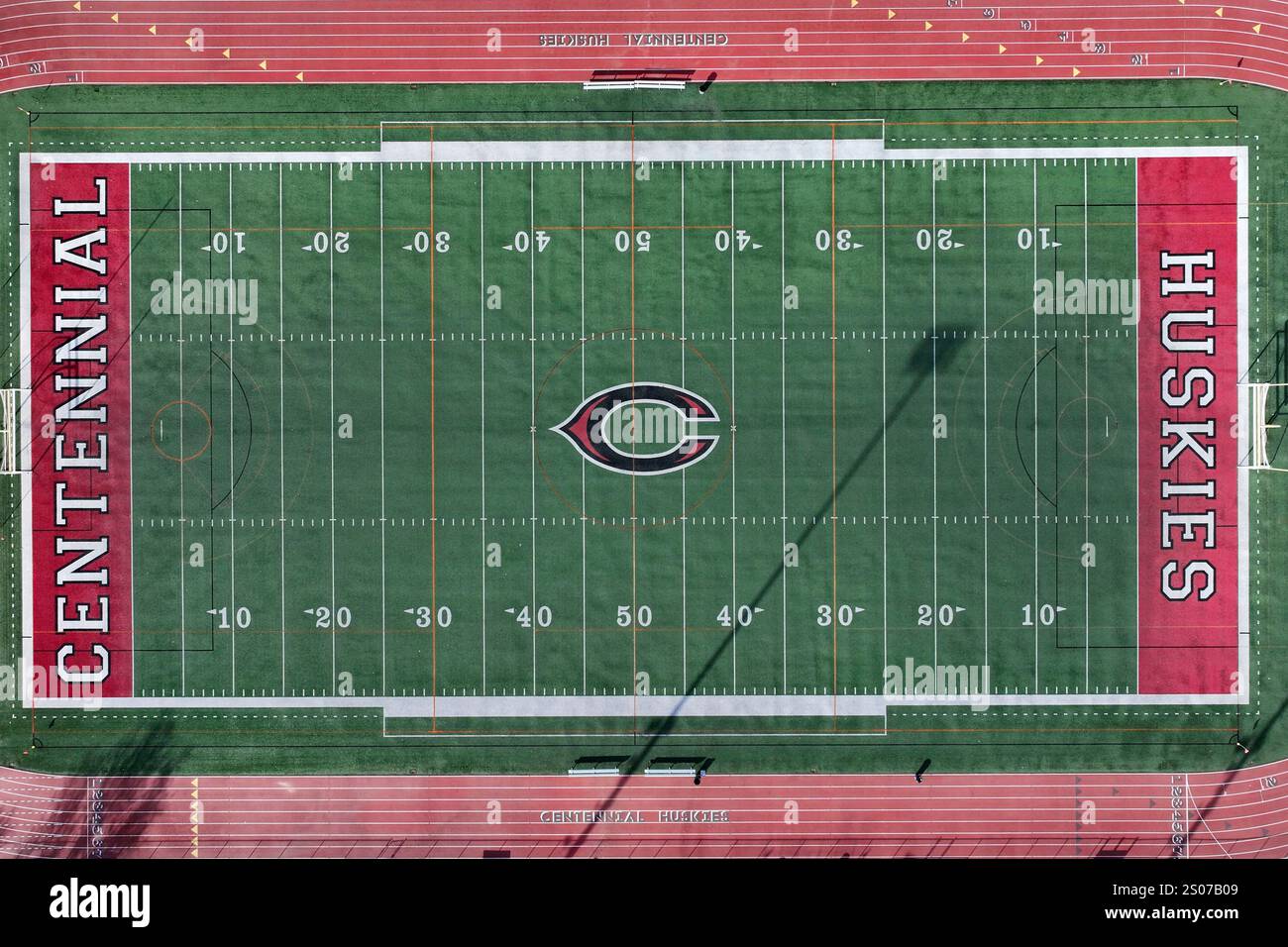 A general overall aerial view of Centennial Huskies logo at midfield of ...