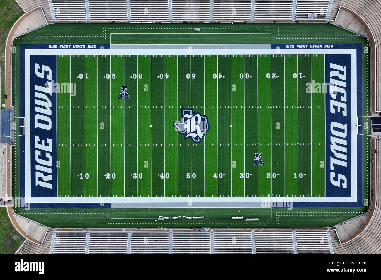 A general overall aerial view of the Rice Owls logo at midfield of the ...