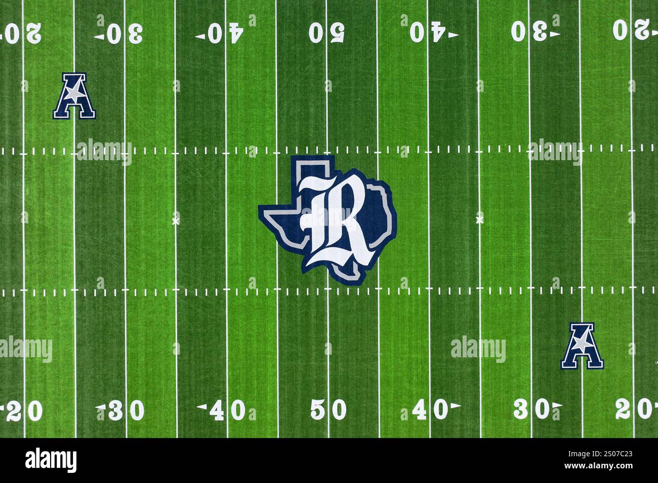 A general overall aerial view of the Rice Owls logo at midfield of the ...