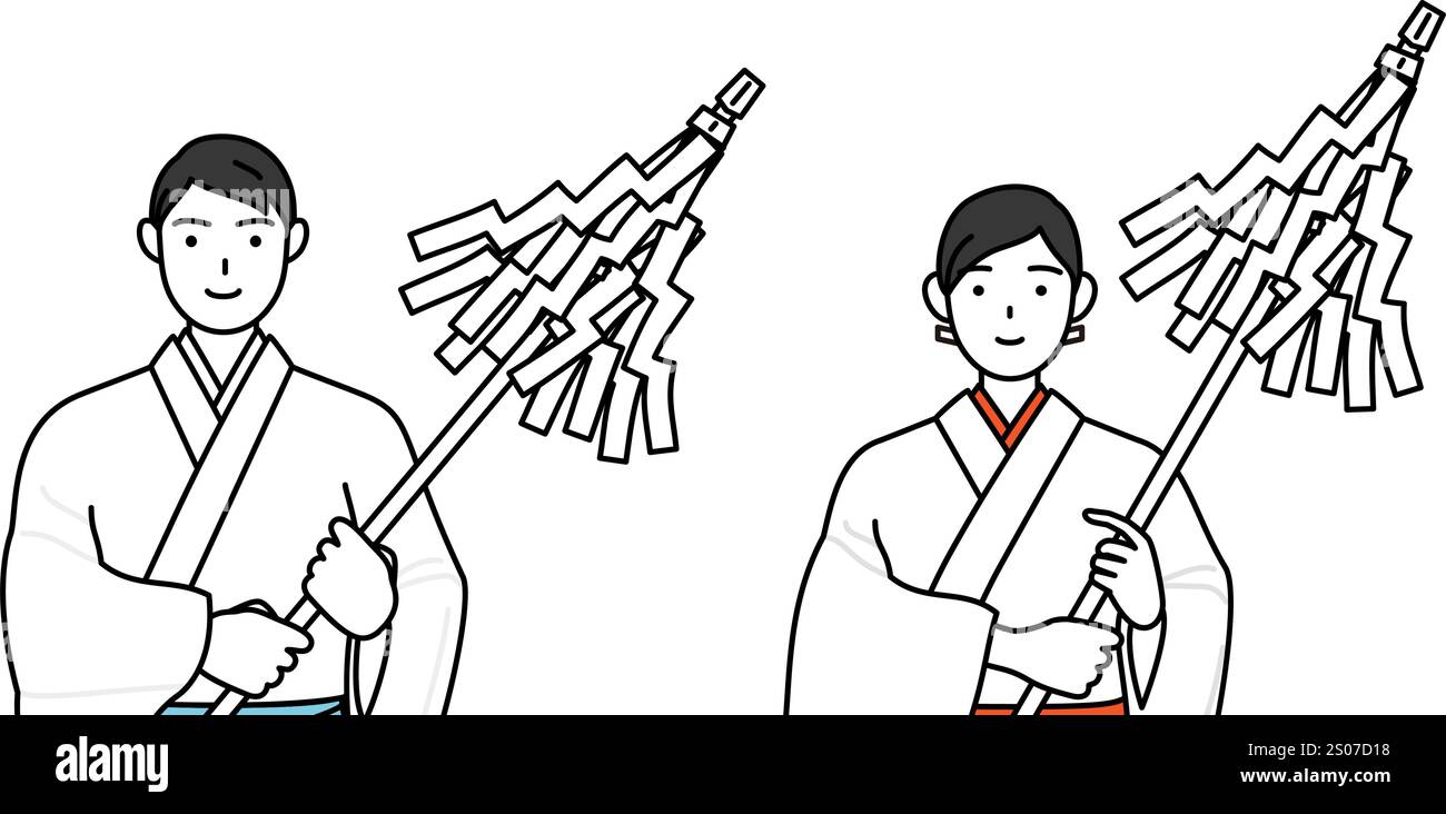 Priest and shrine maiden of the shrine, praying, Vector Illustration ...