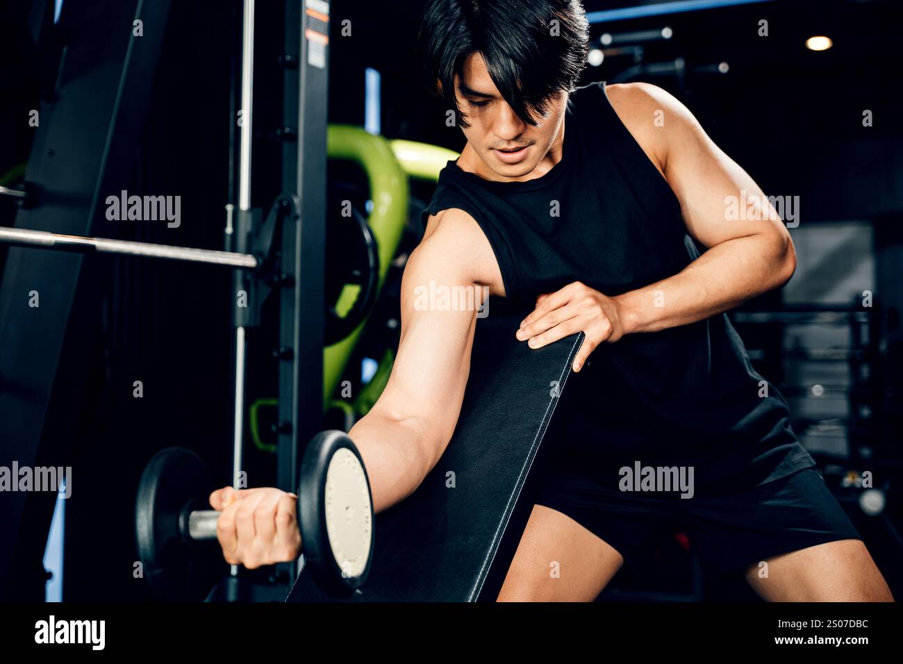 Asian man Muscular guy lifting dumbbell while sitting on bench gym, men ...