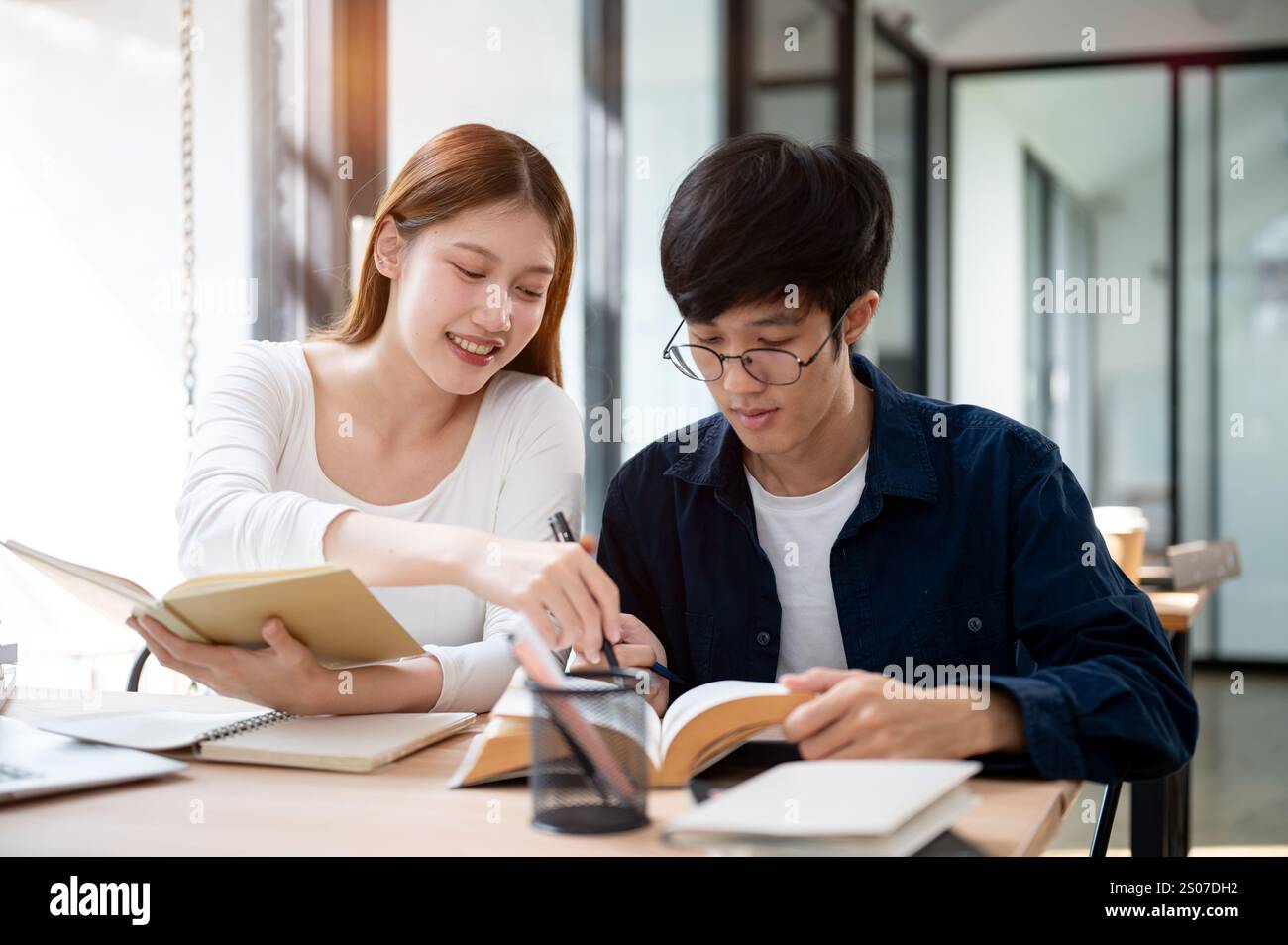 Two young Asian college students are studying and preparing for an exam ...