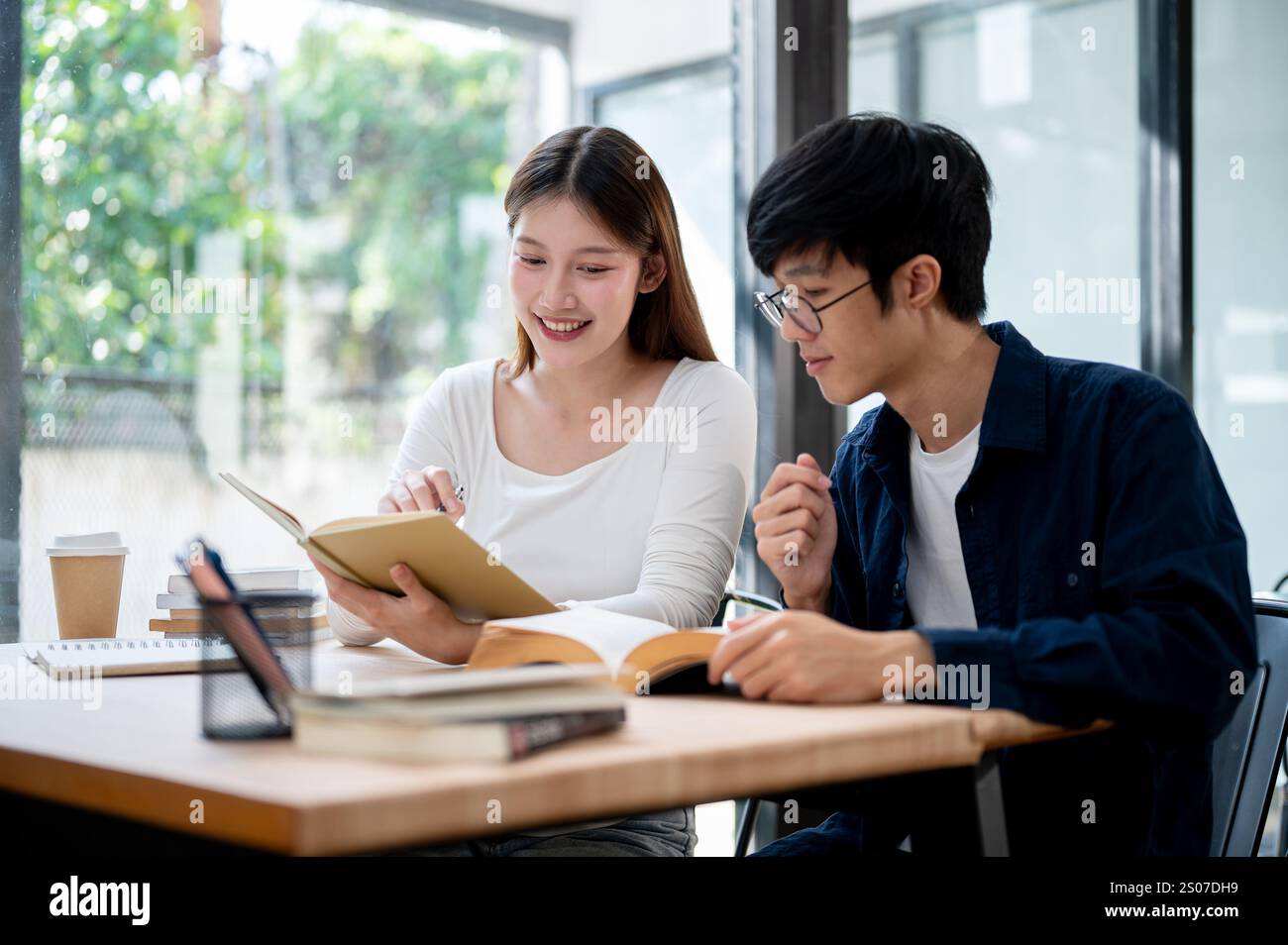 Two young Asian college students are studying and preparing for an exam ...