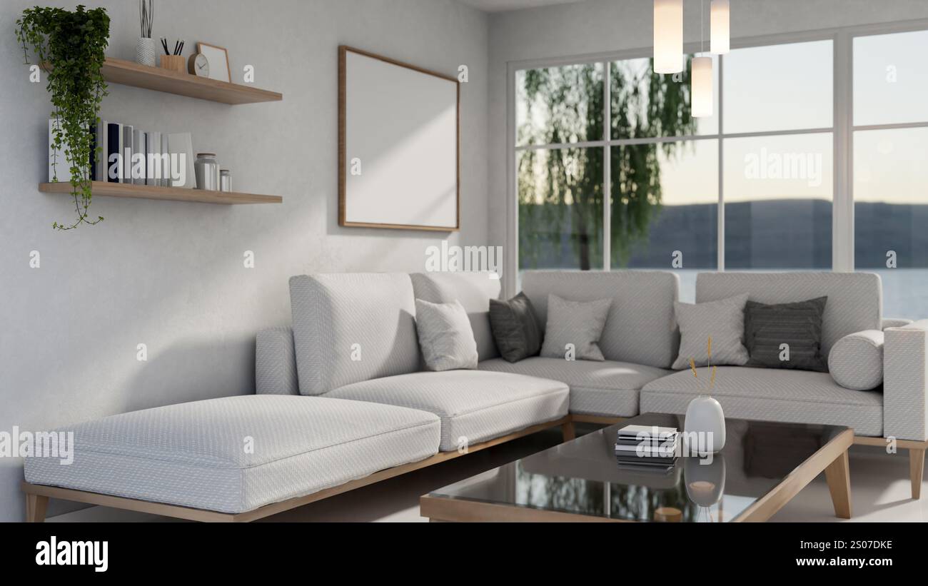 A modern and comfortable living room featuring a cozy, large white sofa ...
