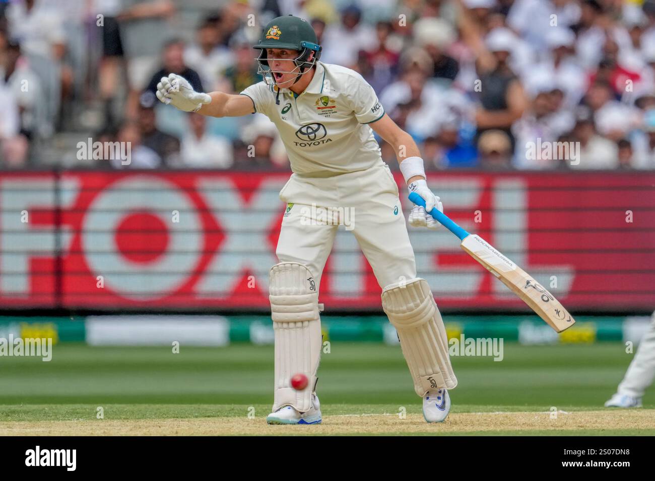 Australia's Marnus Labuschagne shouts to his batting partner Usman ...
