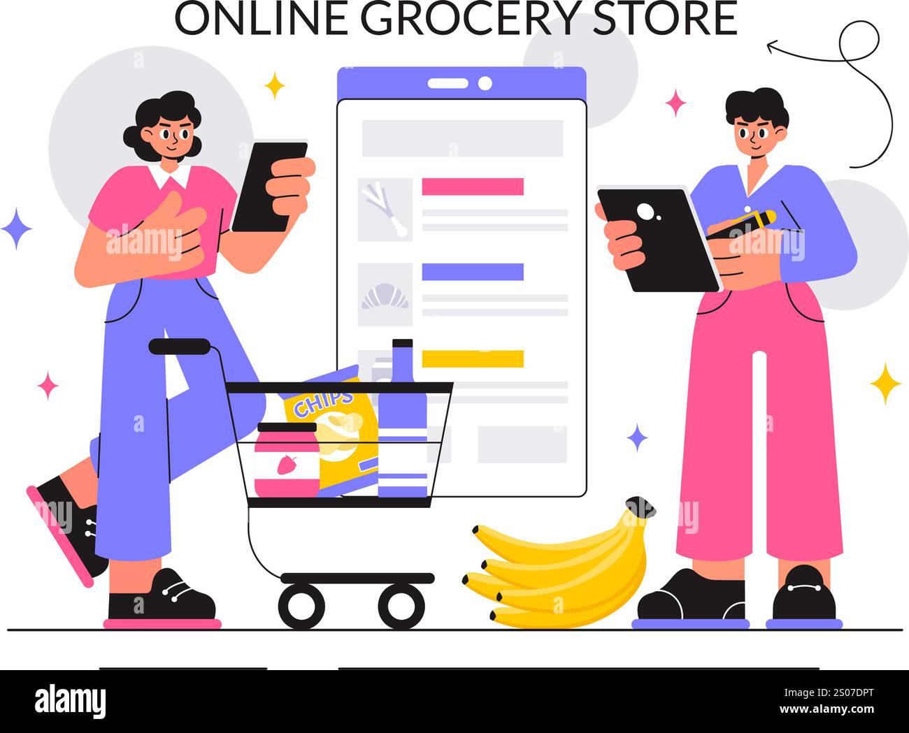 Online Grocery Store Vector Illustration Featuring Food Product Shelves, Racks with Dairy ...