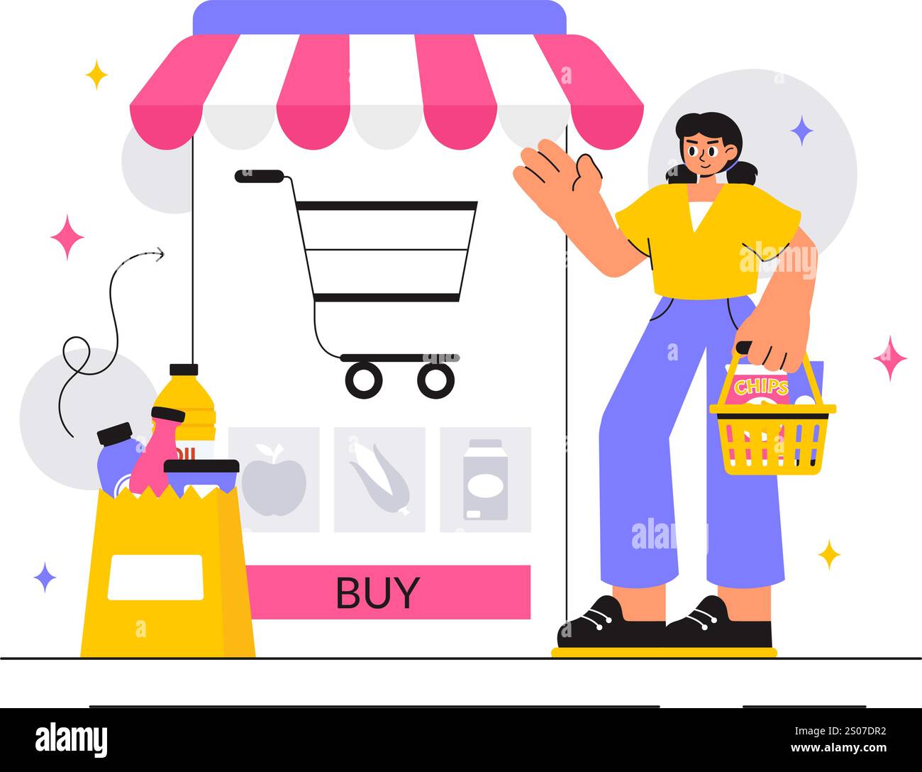 Online Grocery Store Vector Illustration Featuring Food Product Shelves, Racks with Dairy ...