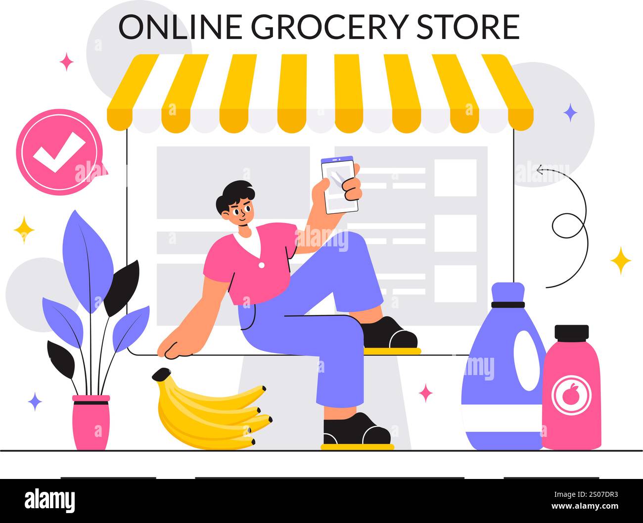 Online Grocery Store Vector Illustration Featuring Food Product Shelves, Racks with Dairy ...