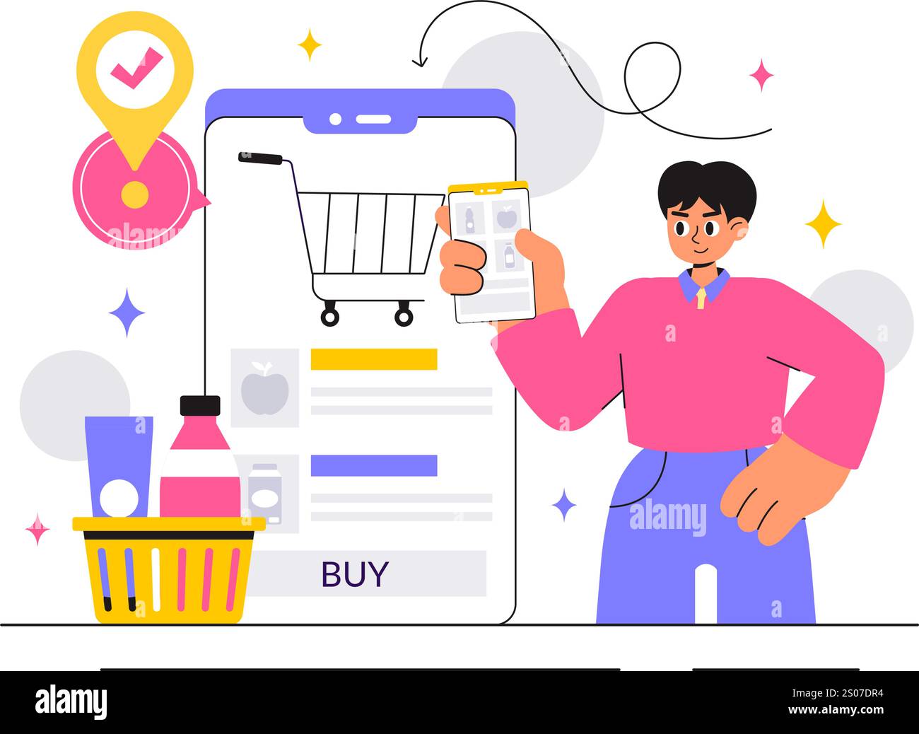 Online Grocery Store Vector Illustration Featuring Food Product Shelves ...